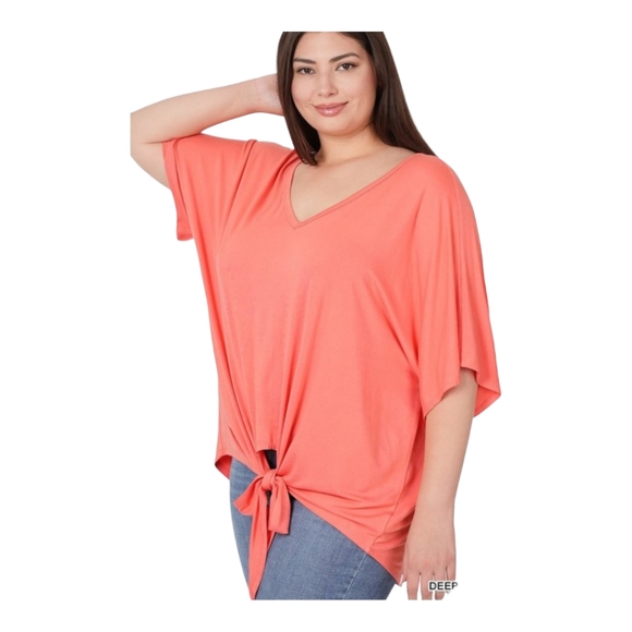 Zenana Outfitters | Tops | Nwt Zenana Plus Size Deep Coral Vneck Tie ...